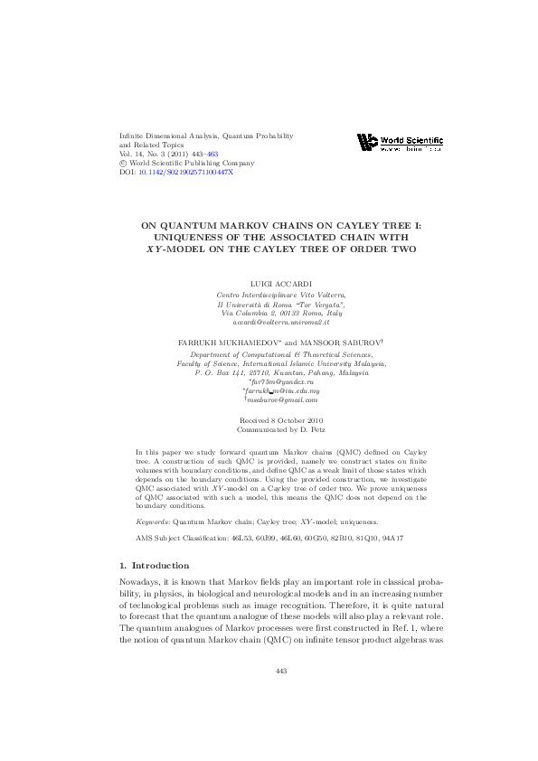 Pdf On Quantum Markov Chains On Cayley Tree And Associated Chains With Xy Model Luigi