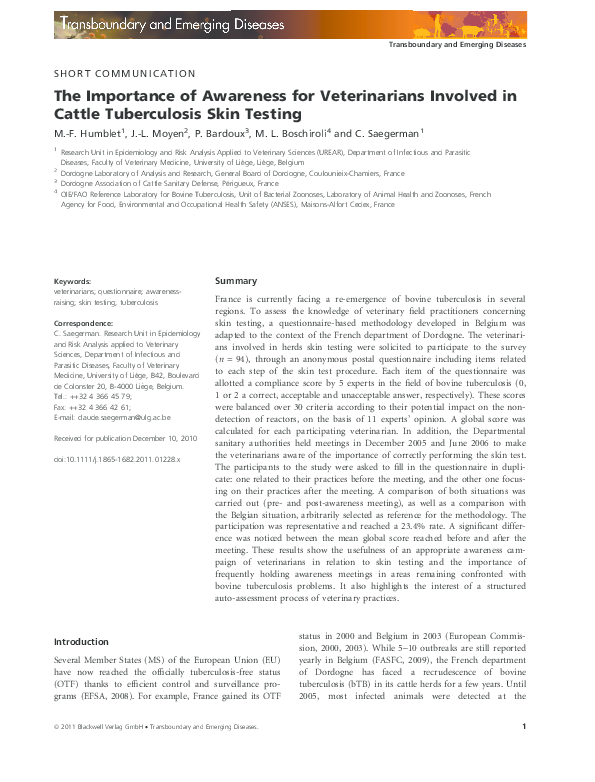(PDF) The Importance of Awareness for Veterinarians Involved in Cattle ...