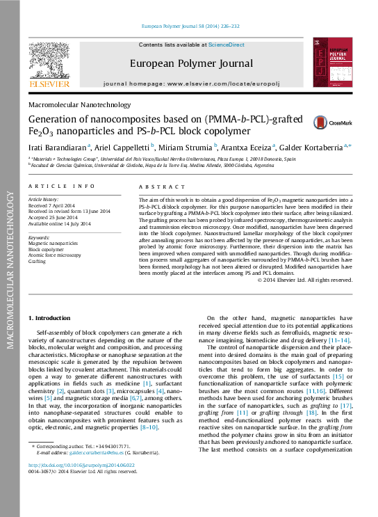 (PDF) Generation of nanocomposites based on (PMMA-b-PCL)-grafted Fe 2O3 ...