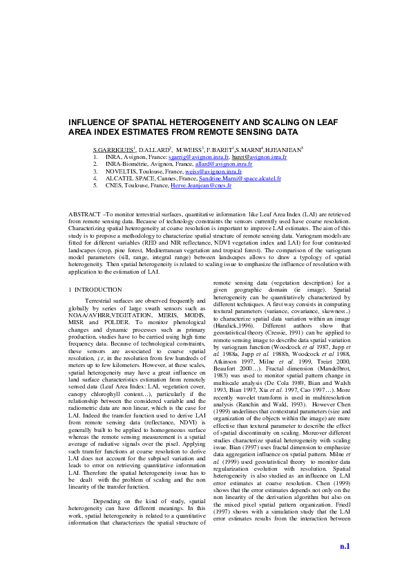 Pdf Influence Of Spatial Heterogeneity And Scaling On Leaf Area Index Estimates From Remote