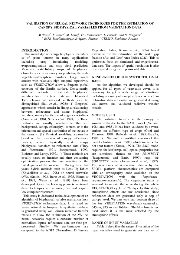 Pdf Validation Of Neural Network Techniques For The Estimation Of Canopy Biophysical Variables