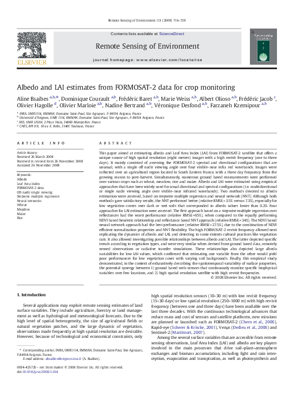 (PDF) Albedo and LAI estimates from FORMOSAT-2 data for crop monitoring