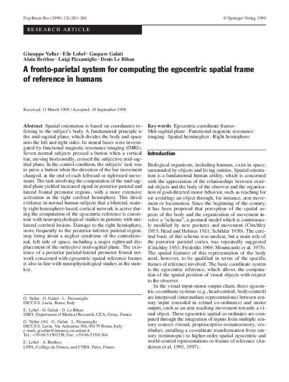 (PDF) A fronto-parietal system for computing the egocentric spatial frame of reference in humans