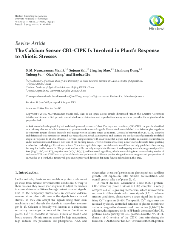 (PDF) The Calcium sensor CBL-CIPK is involved in plant’s response to abiotic stresses