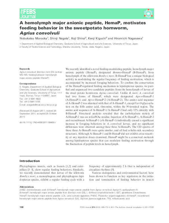 (PDF) A hemolymph major anionic peptide, HemaP, motivates feeding ...
