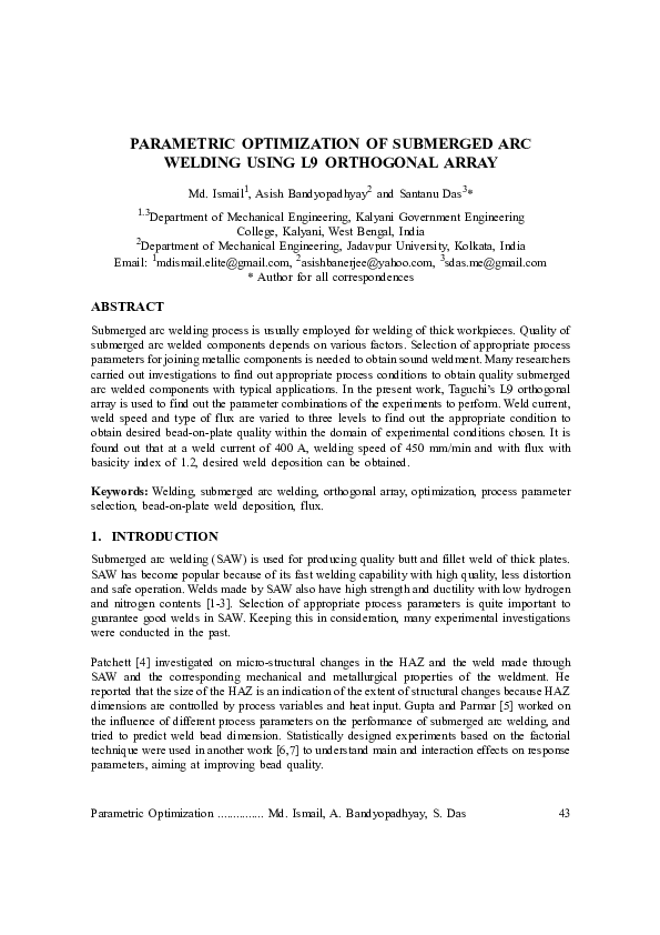 Pdf Parametric Optimization Of Submerged Arc Welding Using L9 Orthogonal Array