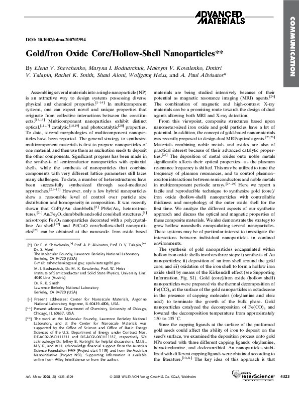 (PDF) Gold/Iron Oxide Core/Hollow-Shell Nanoparticles
