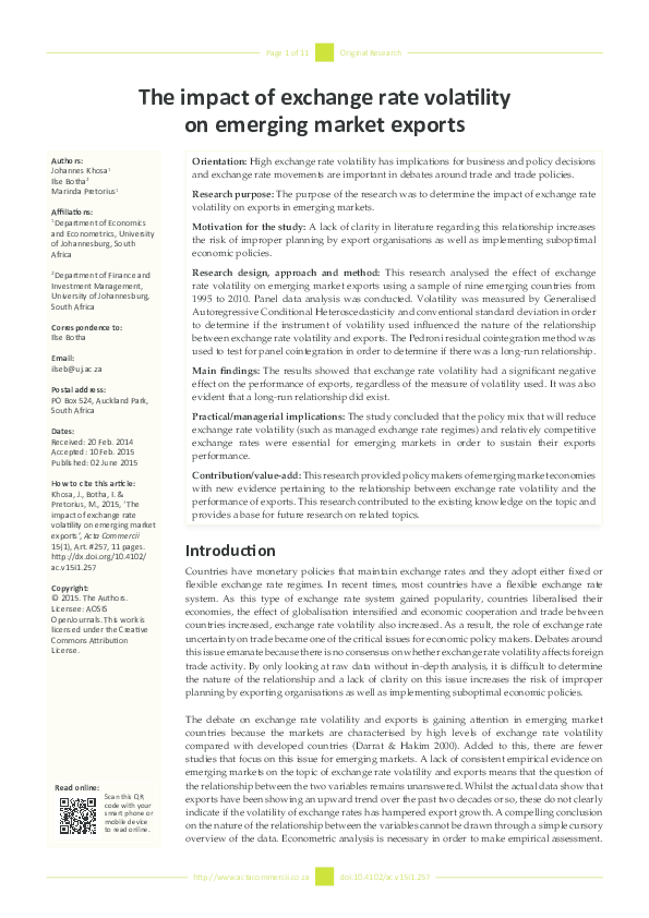 (PDF) The impact of exchange rate volatility on emerging market exports
