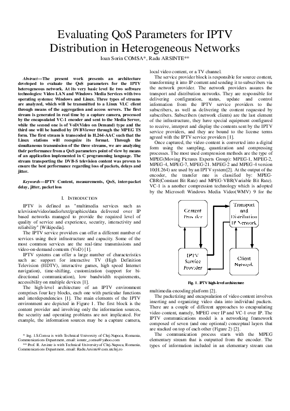 (PDF) Evaluating QoS Parameters for IPTV Distribution in Heterogeneous Networks | Radu Arsinte ...