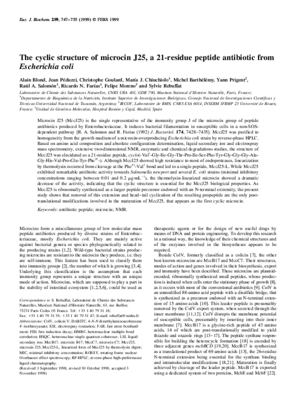 (PDF) The cyclic structure of microcin J25, a 21-residue peptide antibiotic from Escherichia coli