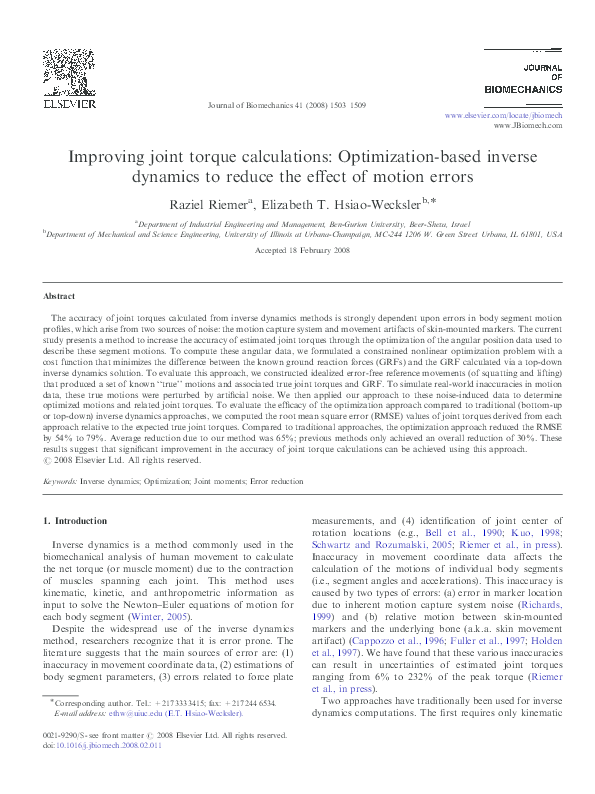 (PDF) Improving joint torque calculations: Optimization-based inverse dynamics to reduce the ...