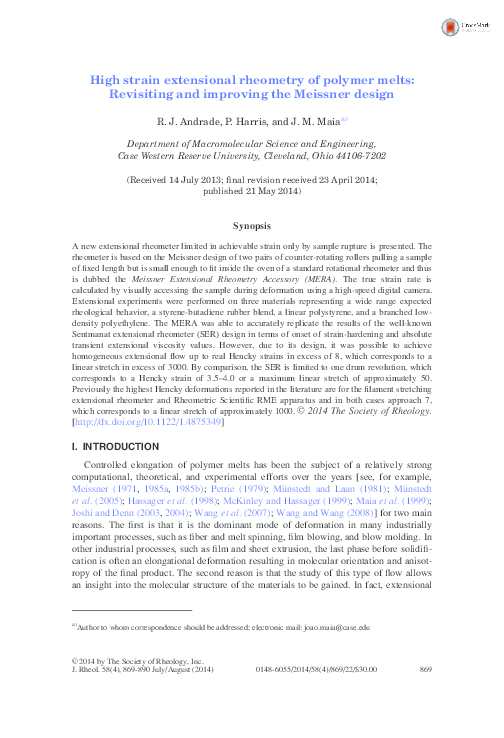 (PDF) High strain extensional rheometry of polymer melts: Revisiting ...