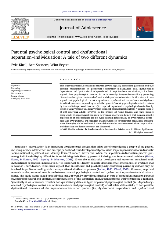 (PDF) Parental psychological control and dysfunctional separation ...