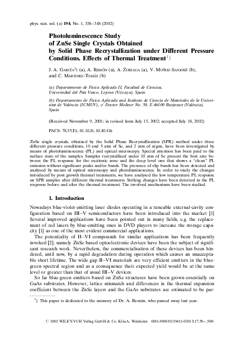 (PDF) Photoluminescence Study of ZnSe Single Crystals Obtained by Solid ...