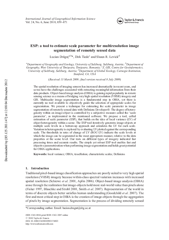 Pdf Esp A Tool To Estimate Scale Parameter For Multiresolution Image Segmentation Of Remotely