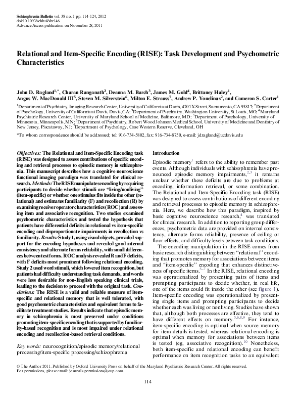 Pdf Relational And Item Specific Encoding Rise Task Development