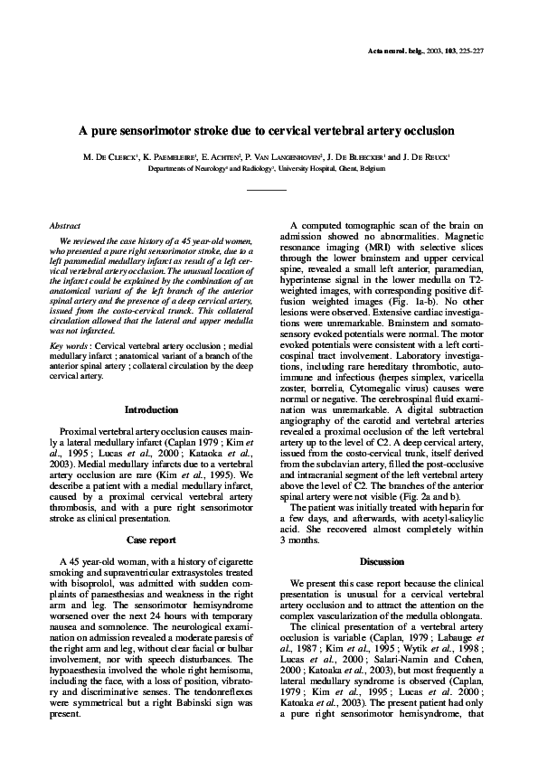 (PDF) A pure sensorimotor stroke due to cervical vertebral artery occlusion