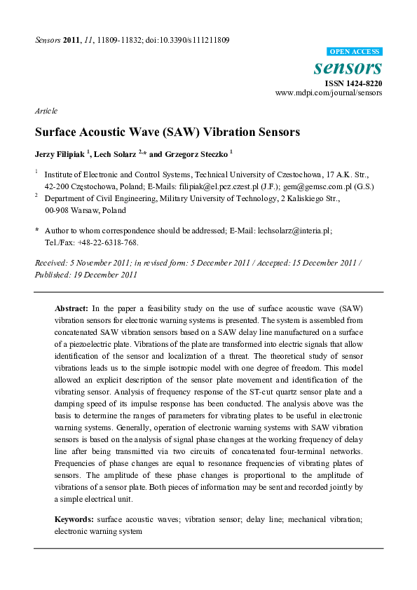 (PDF) Surface Acoustic Wave (SAW) Vibration Sensors