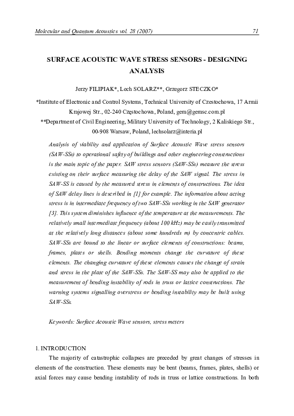 (PDF) Surface acoustic wave stress sensors-designing analysis