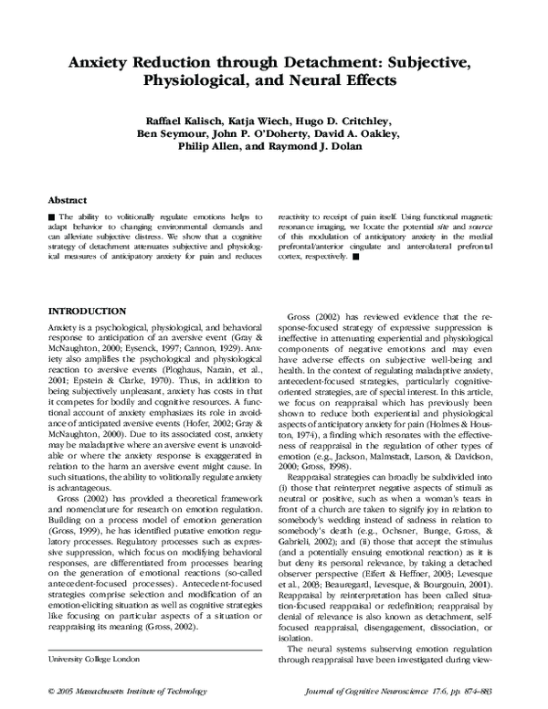 (PDF) Anxiety Reduction through Detachment: Subjective, Physiological ...