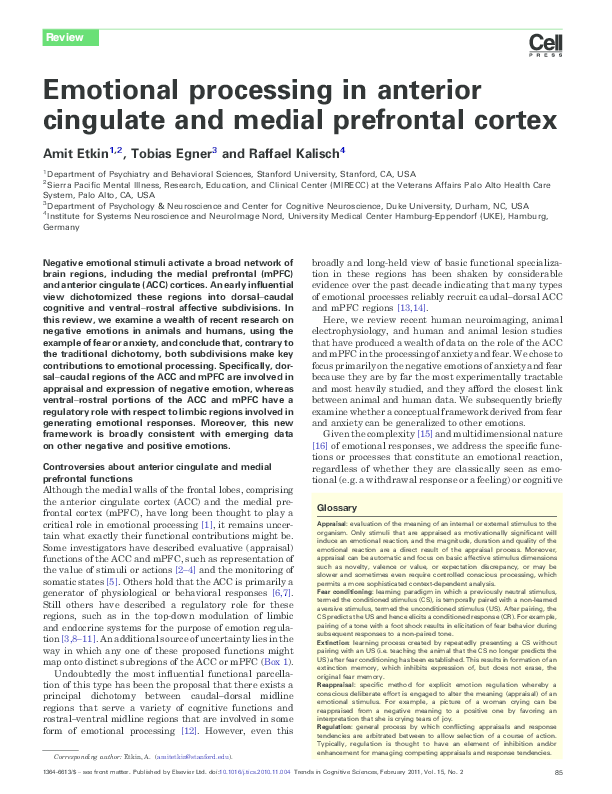 (PDF) Emotional processing in anterior cingulate and medial prefrontal cortex