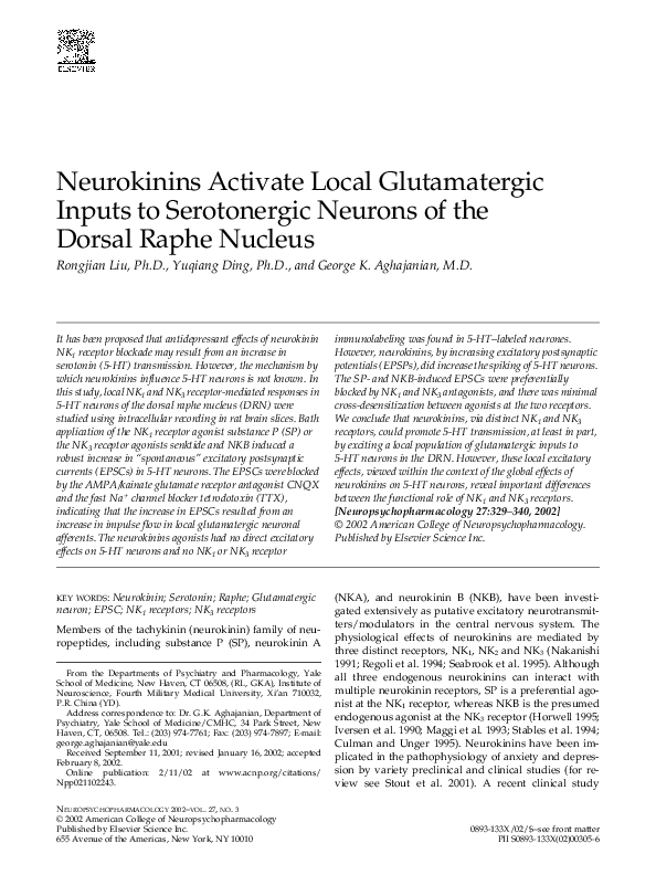 (PDF) Neurokinins Activate Local Glutamatergic Inputs to Serotonergic Neurons of the Dorsal ...