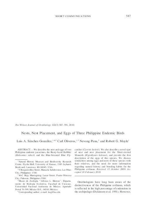 (PDF) Nests, Nest Placement, and Eggs of Three Philippine Endemic Birds
