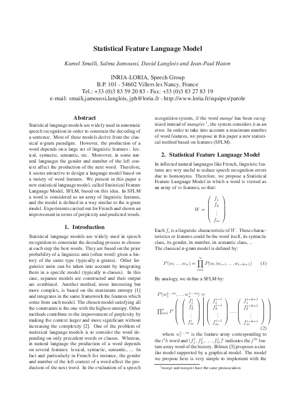(PDF) Statistical feature language model