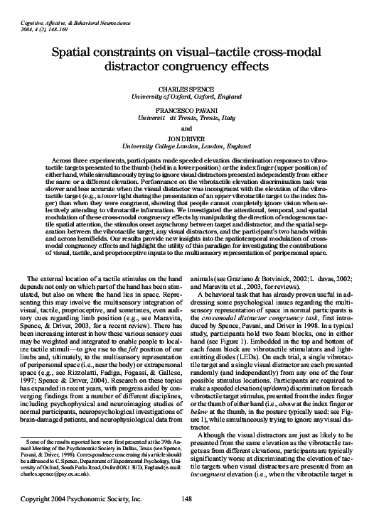 Pdf Spatial Constraints On Visual Tactile Cross Modal Distractor