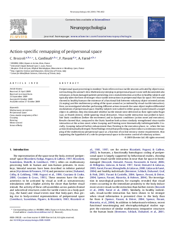 (PDF) Action-specific remapping of peripersonal space
