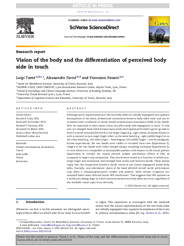 (PDF) Vision of the body and the differentiation of perceived body side ...