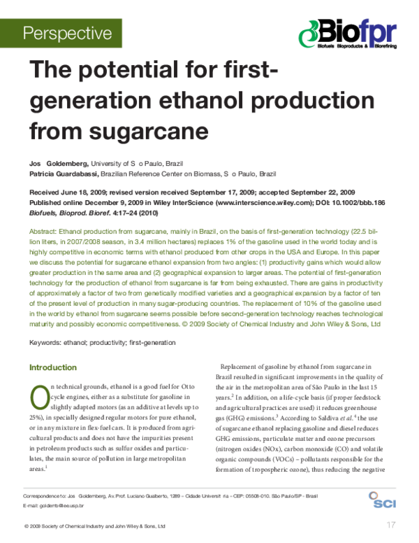(PDF) The potential for first-generation ethanol production from sugarcane