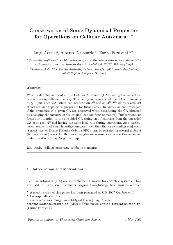 (PDF) Conservation of some dynamical properties for operations on cellular automata