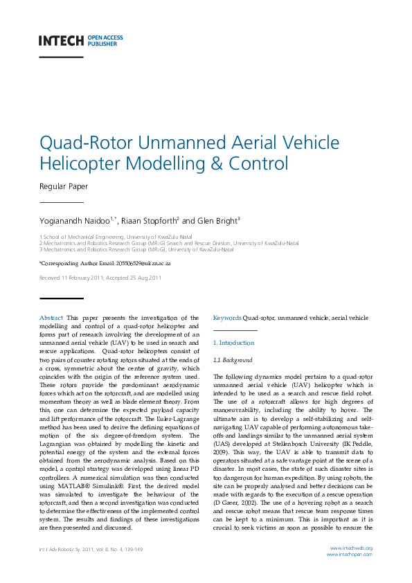 (PDF) Quad-Rotor Unmanned Aerial Vehicle Helicopter Modelling & Control