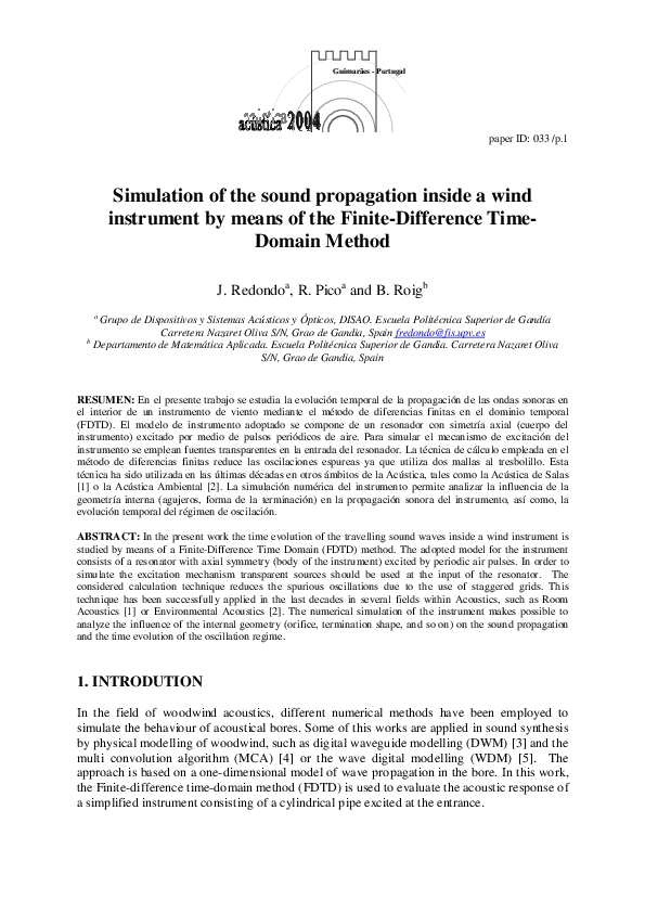 (PDF) Simulation of the sound propagation inside a wind instrument by means of the Finite ...
