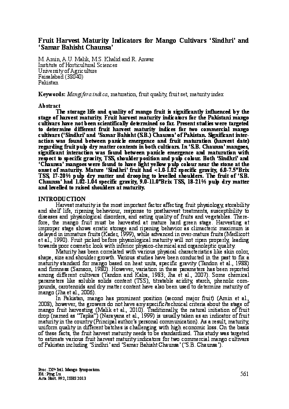 (PDF) FRUIT HARVEST MATURITY INDICATORS FOR MANGO CULTIVARS 'SINDHRI ...