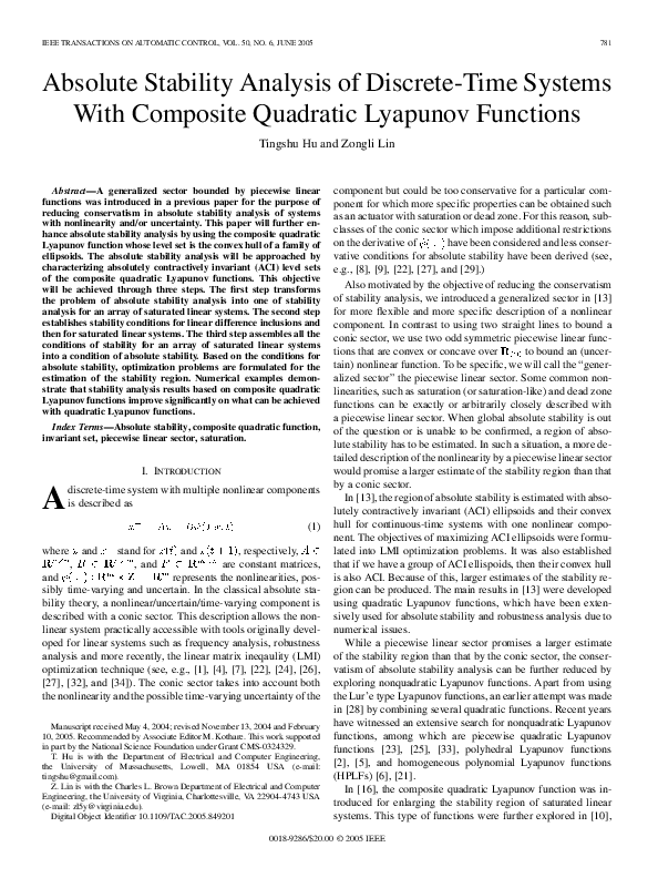 (PDF) Absolute stability analysis of discrete-time systems with composite quadratic Lyapunov ...