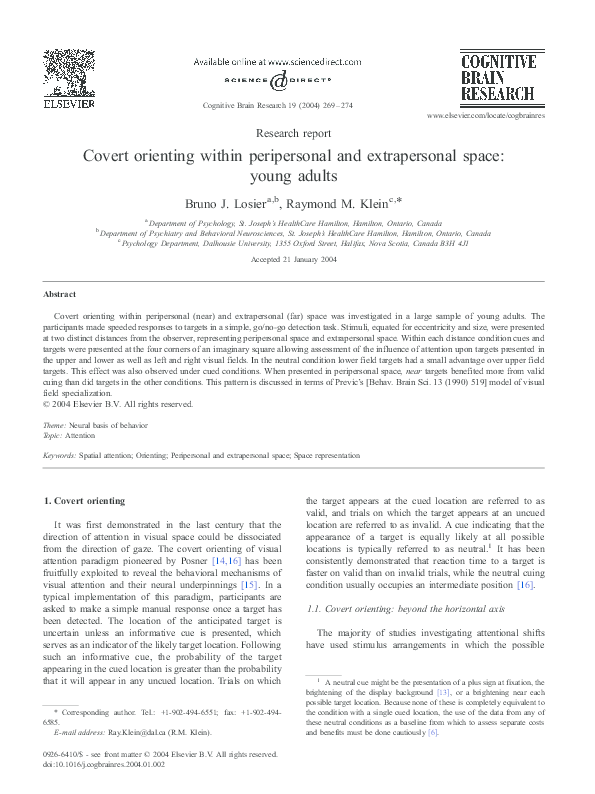(PDF) Covert orienting within peripersonal and extrapersonal space ...