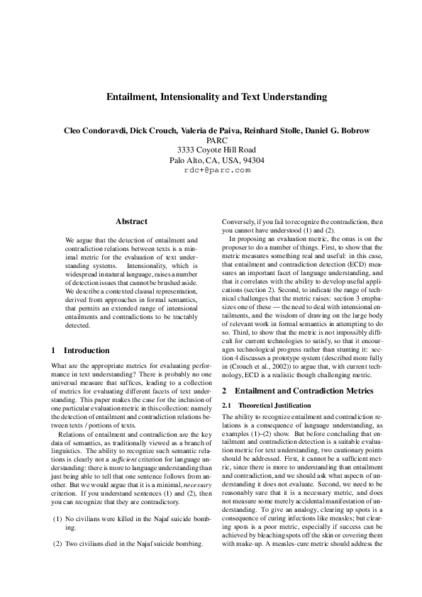 (PDF) Entailment, intensionality and text understanding