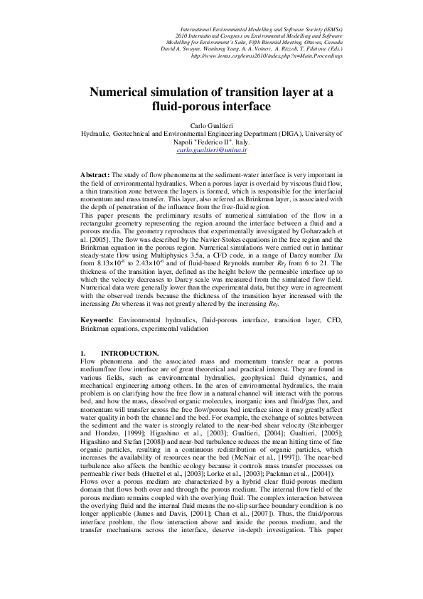 (PDF) Numerical simulation of transition layer at a fluid-porous interface | Carlo Gualtieri ...