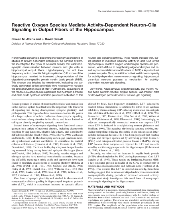 (PDF) Reactive oxygen species mediate activity-dependent neuron-glia ...