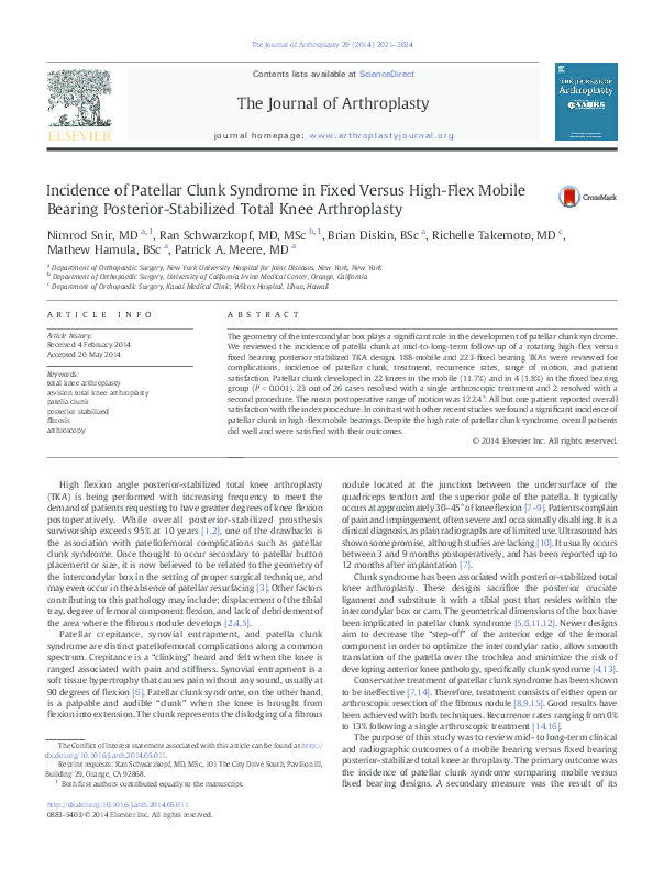 (PDF) Incidence of patellar clunk syndrome in fixed versus high-flex ...
