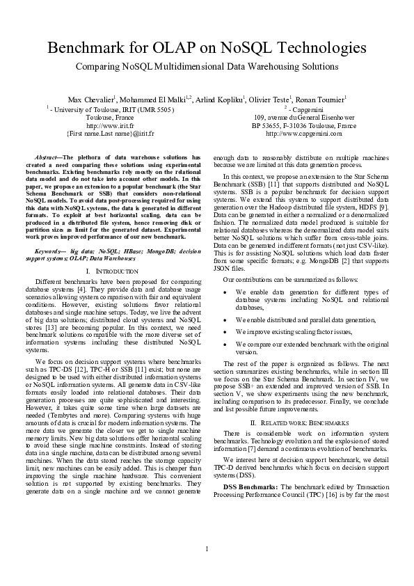(PDF) Benchmark for OLAP on NoSQL Technologies