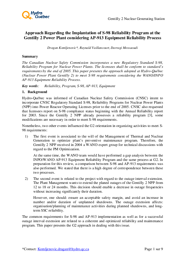 (PDF) Gentilly 2 Nuclear Generating Station Approach Regarding the ...