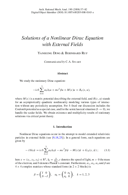 (PDF) Solutions of a Nonlinear Dirac Equation with External Fields
