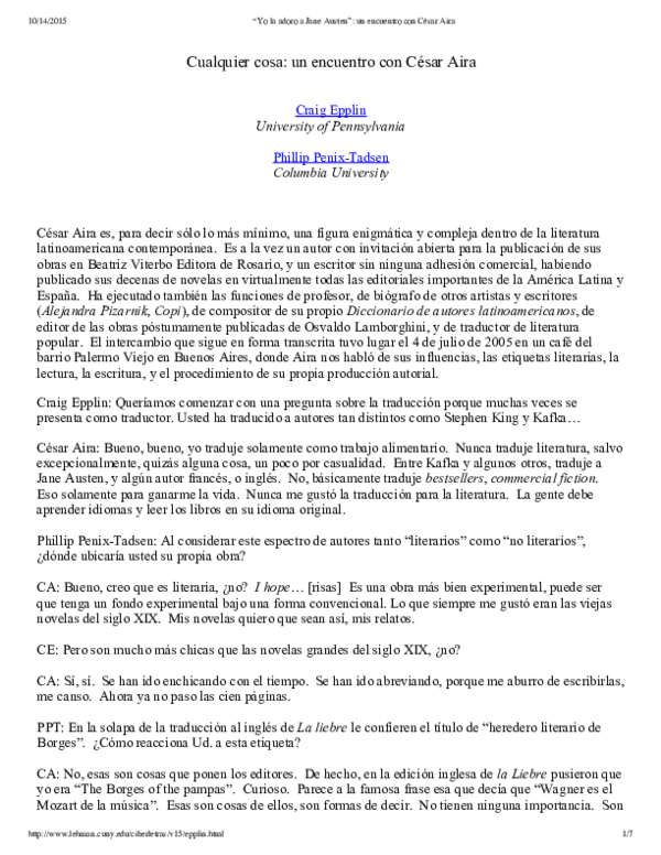 (PDF) “Cualquier cosa: Un encuentro con César Aira.” With Craig Epplin ...