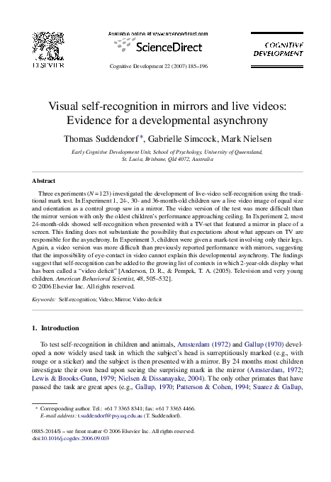 (PDF) Visual self-recognition in mirrors and live videos: Evidence for a developmental asynchrony