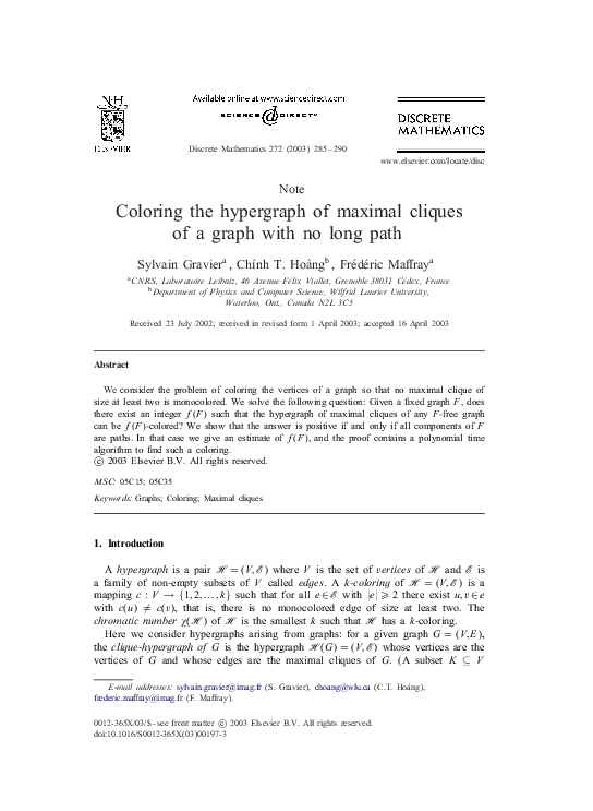 (PDF) Coloring the hypergraph of maximal cliques of a graph with no long path