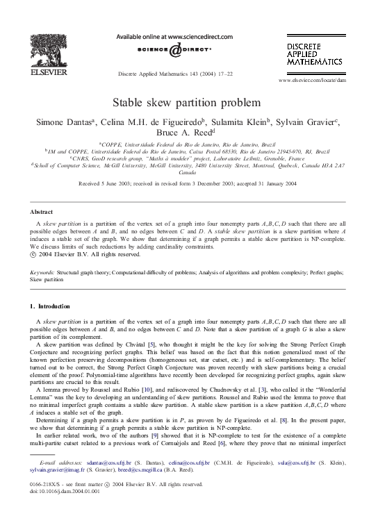 (PDF) Stable skew partition problem | Sylvain Gravier - Academia.edu