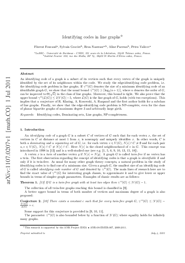 (PDF) Identifying Codes in Line Graphs